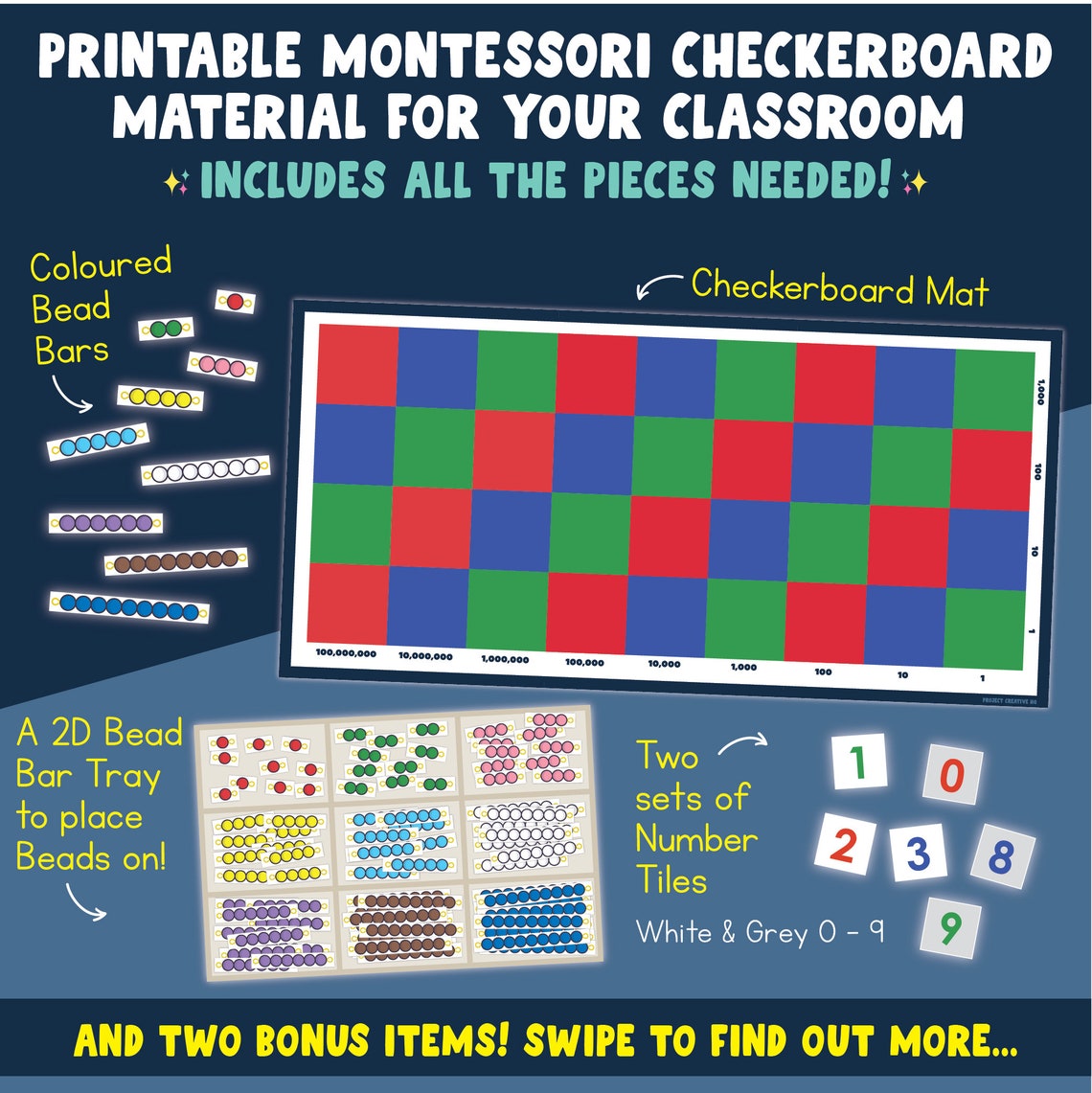 Printable Montessori Checkerboard Math Mat With Task Cards and Bead ...