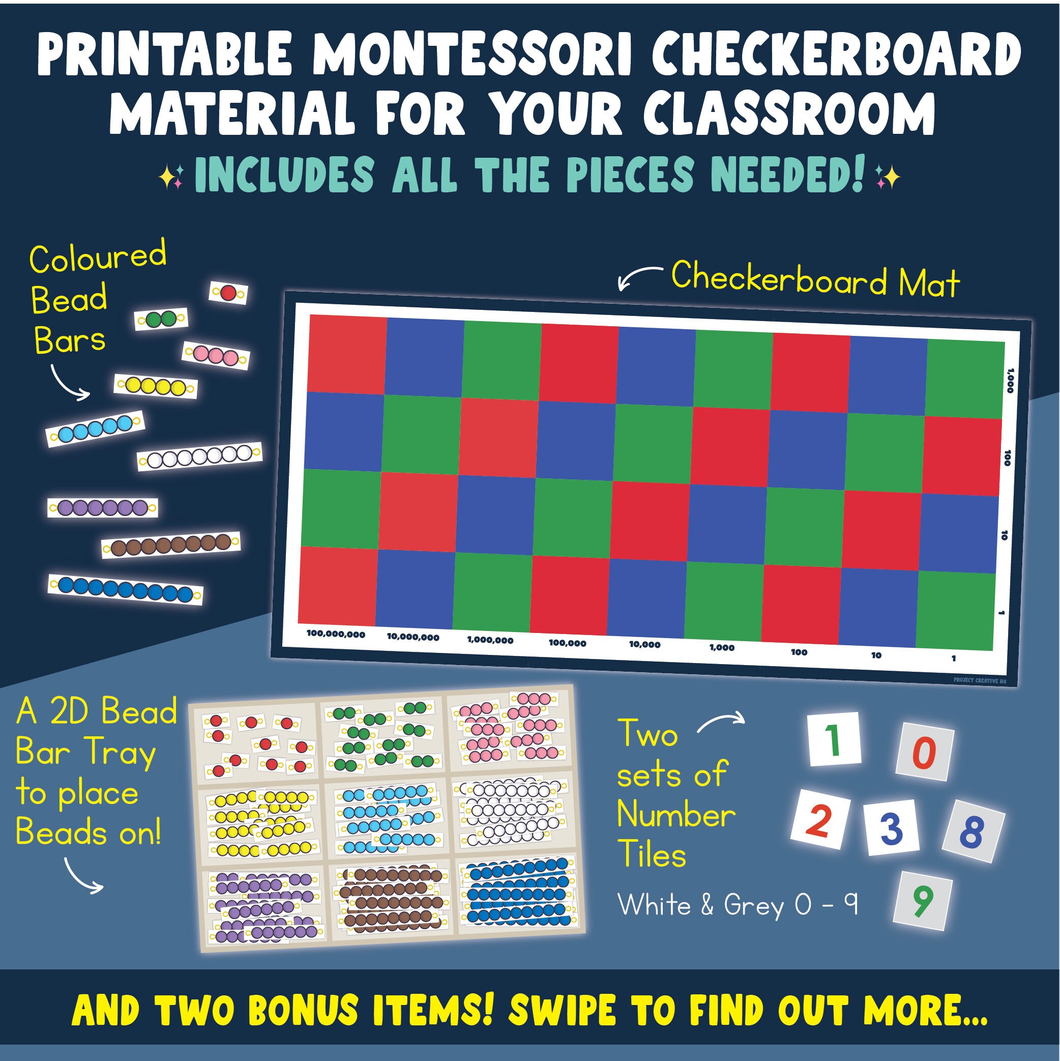 Printable Montessori Checkerboard Math Mat With Task Cards and Bead ...
