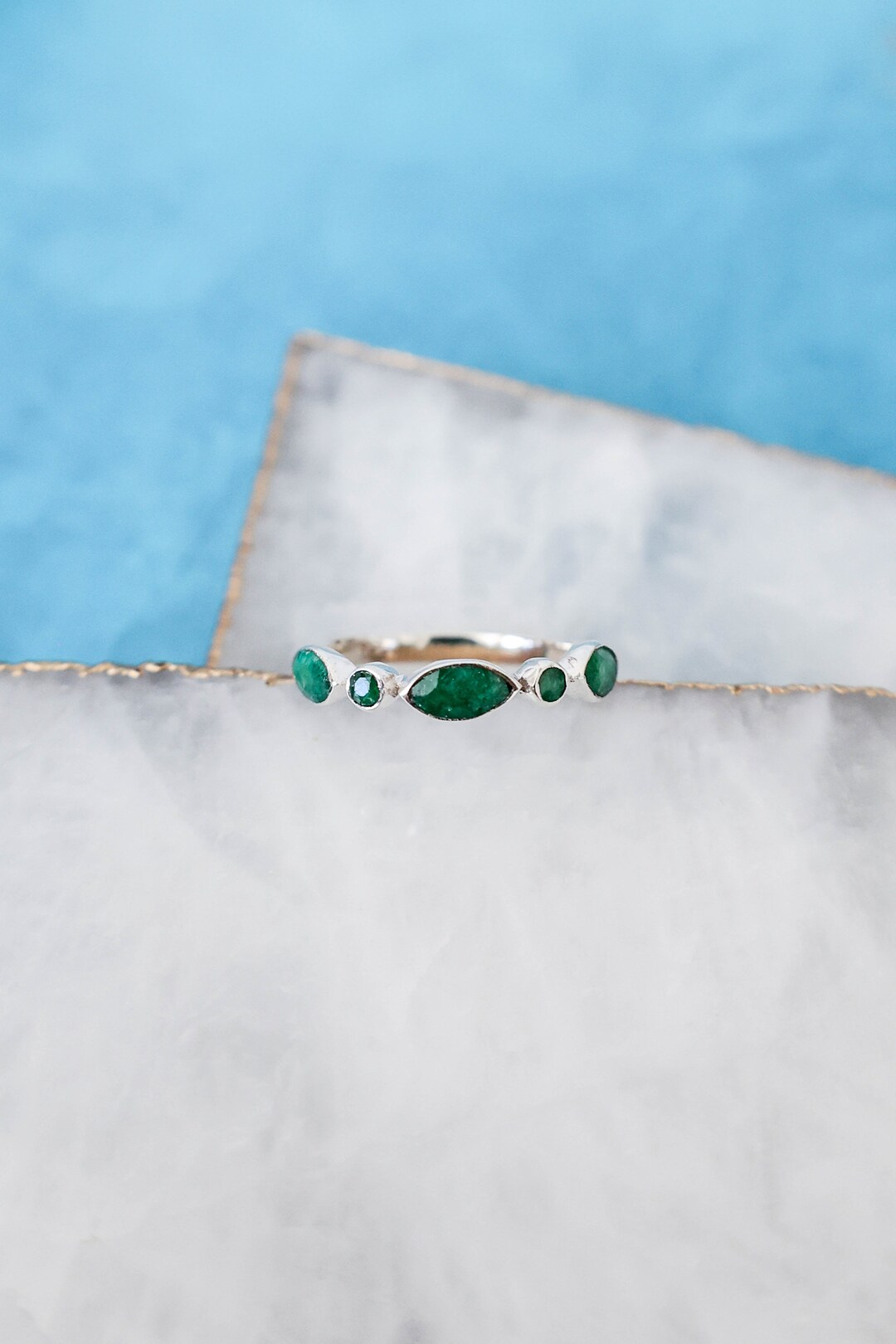 Dainty Emerald Ring, Multi Stone Ring, Sterling Silver Emerald Ring ...