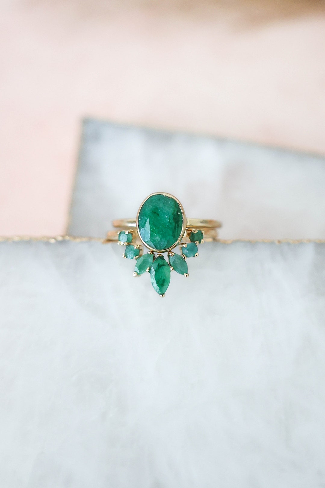 Emerald Ring Set, Gold Emerald Ring, Two Ring Set, Emerald Ring Stack ...