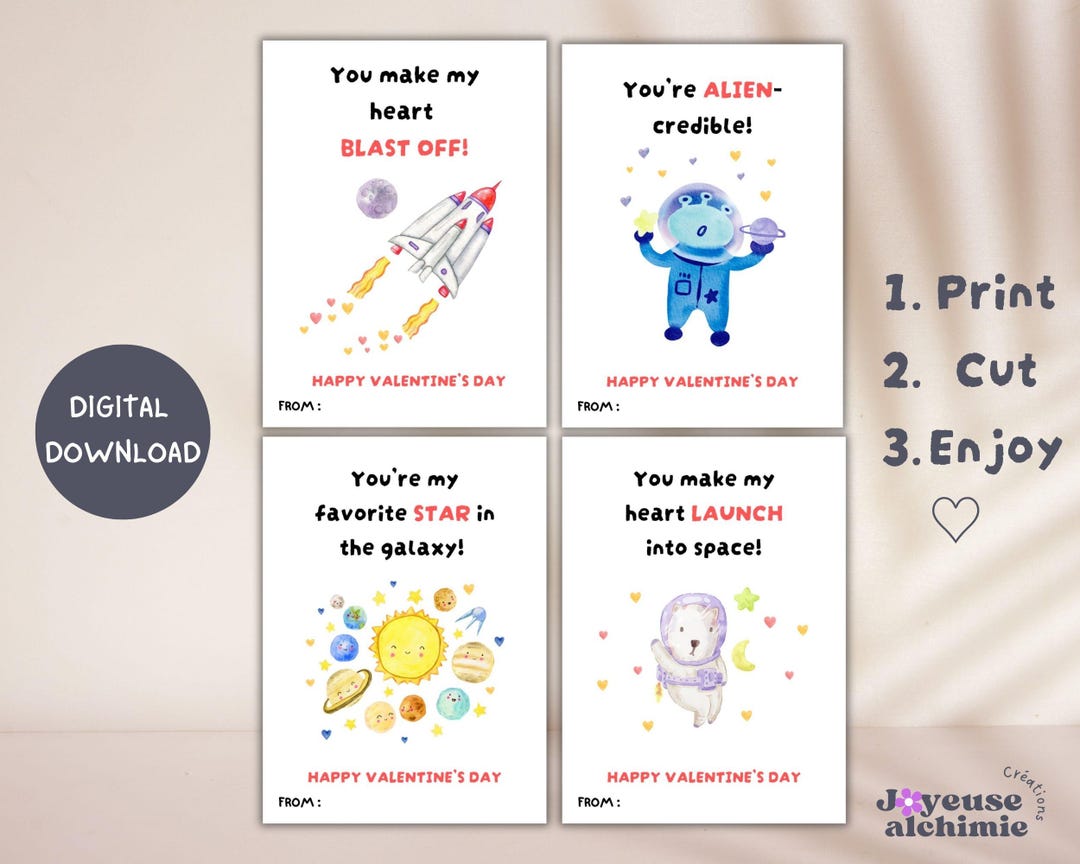 Printable Valentine's Day Card, Space, Instant Downloaded, Children's ...