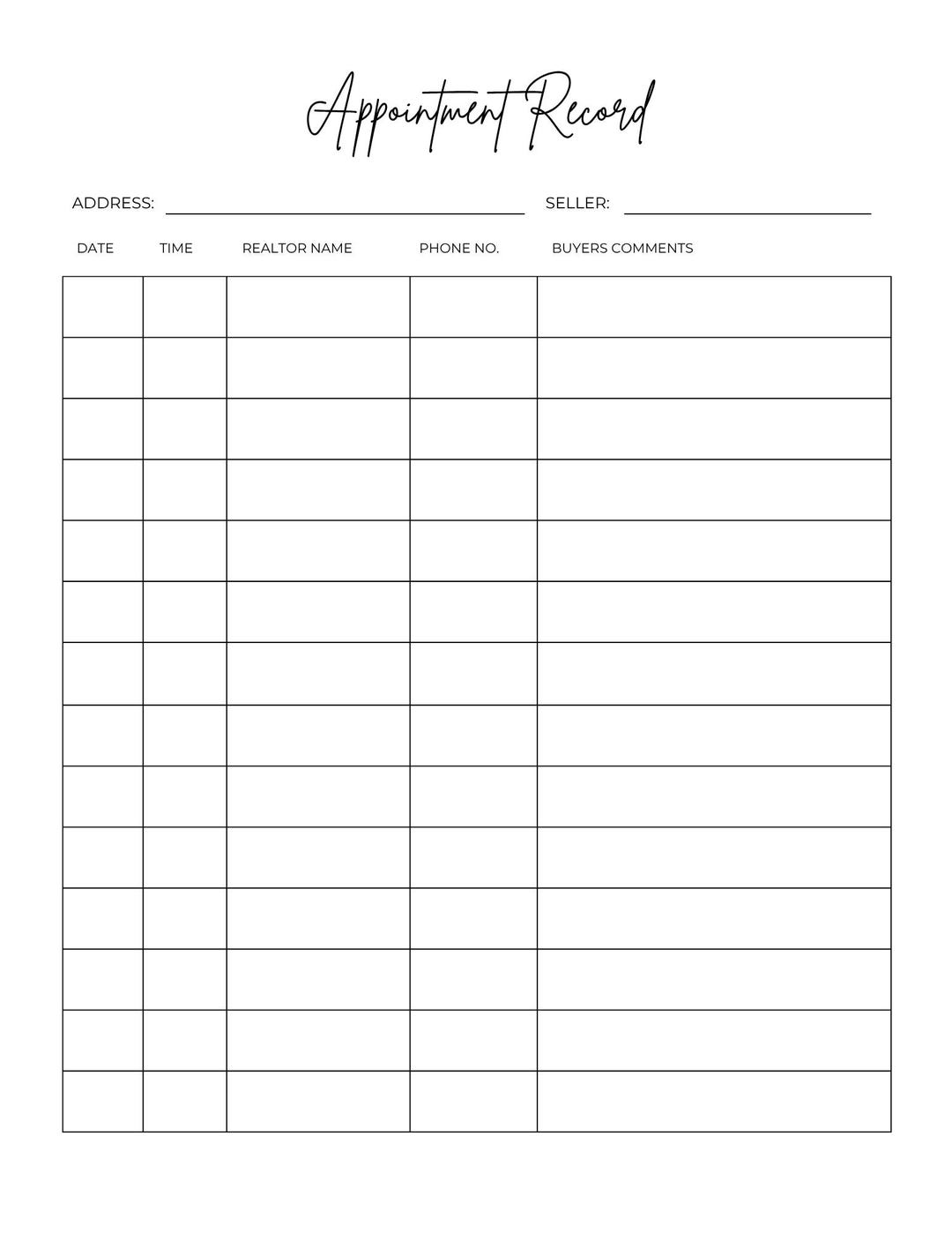 Appointment Record Sheet for Realtors Vertical/portrait - Etsy