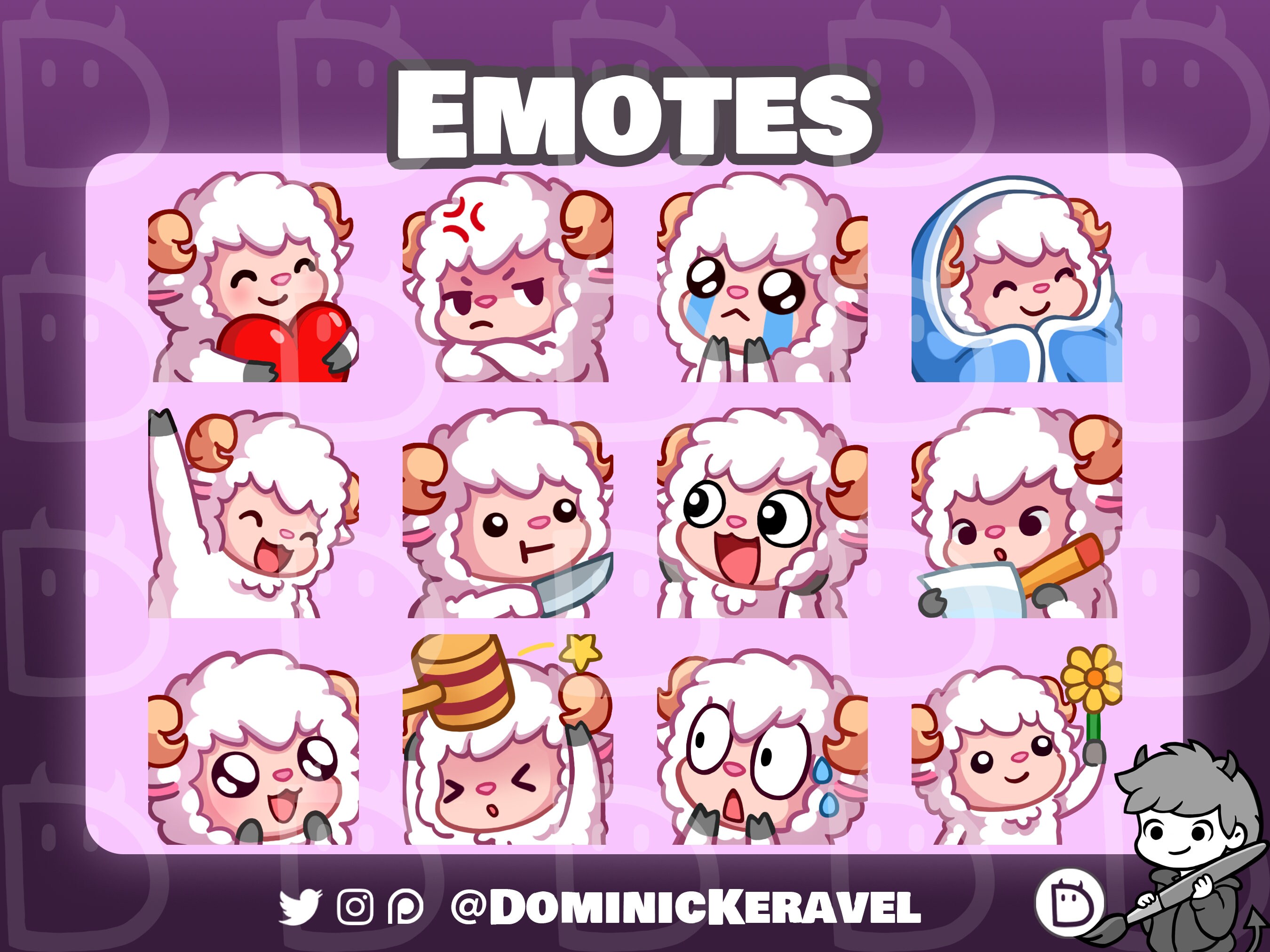 Pink Sheep Emotes twitch/discord Pack 1 Cute Sheep Ram Gamer Anime ...
