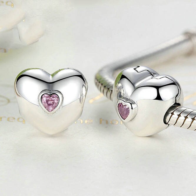 Smooth silver heart clip with pink crystal heart 925 Sterling | Etsy