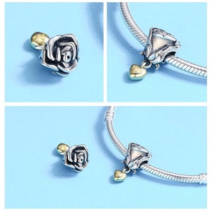 Rose Flower With You in Heart Dangle 925 Sterling Silver Fit - Etsy