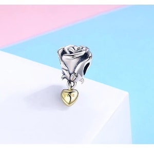 Rose Flower With You in Heart Dangle 925 Sterling Silver Fit - Etsy