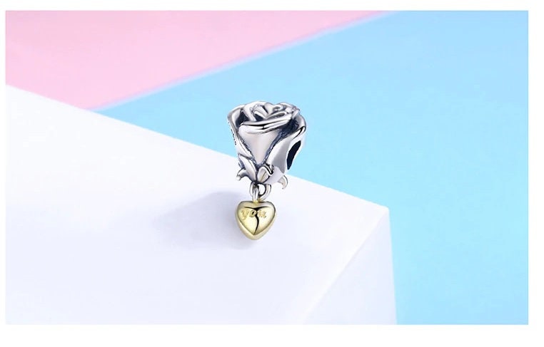 Rose Flower With You in Heart Dangle 925 Sterling Silver Fit - Etsy