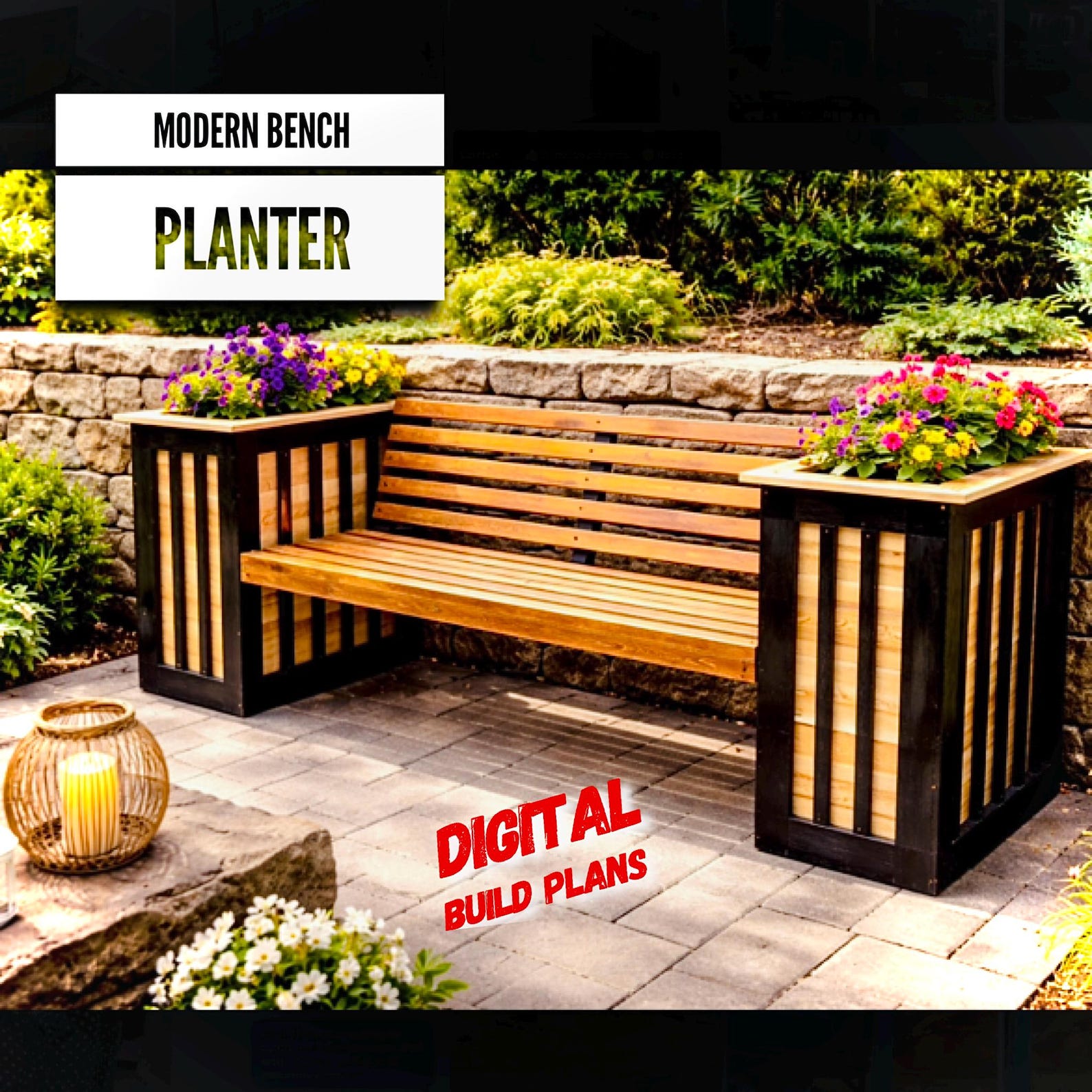 Modern Planter Bench Digital Plans, Bench With 2 Planters Digital Plans ...