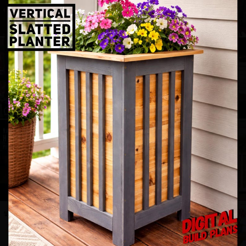 Modern Vertical Slatted Planter DIGITAL Plans, Modern Tall Planter ...