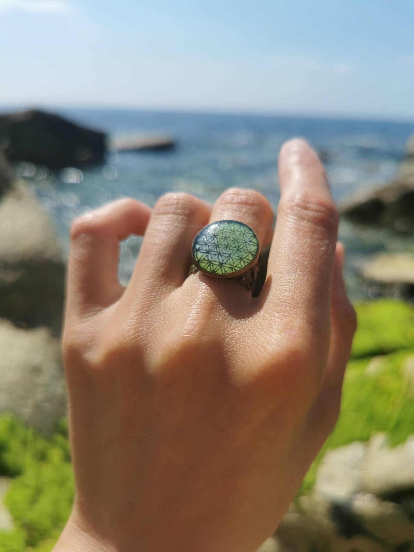 Flower of Life Ring Sacred Geometry Green Resin Talisman - Etsy