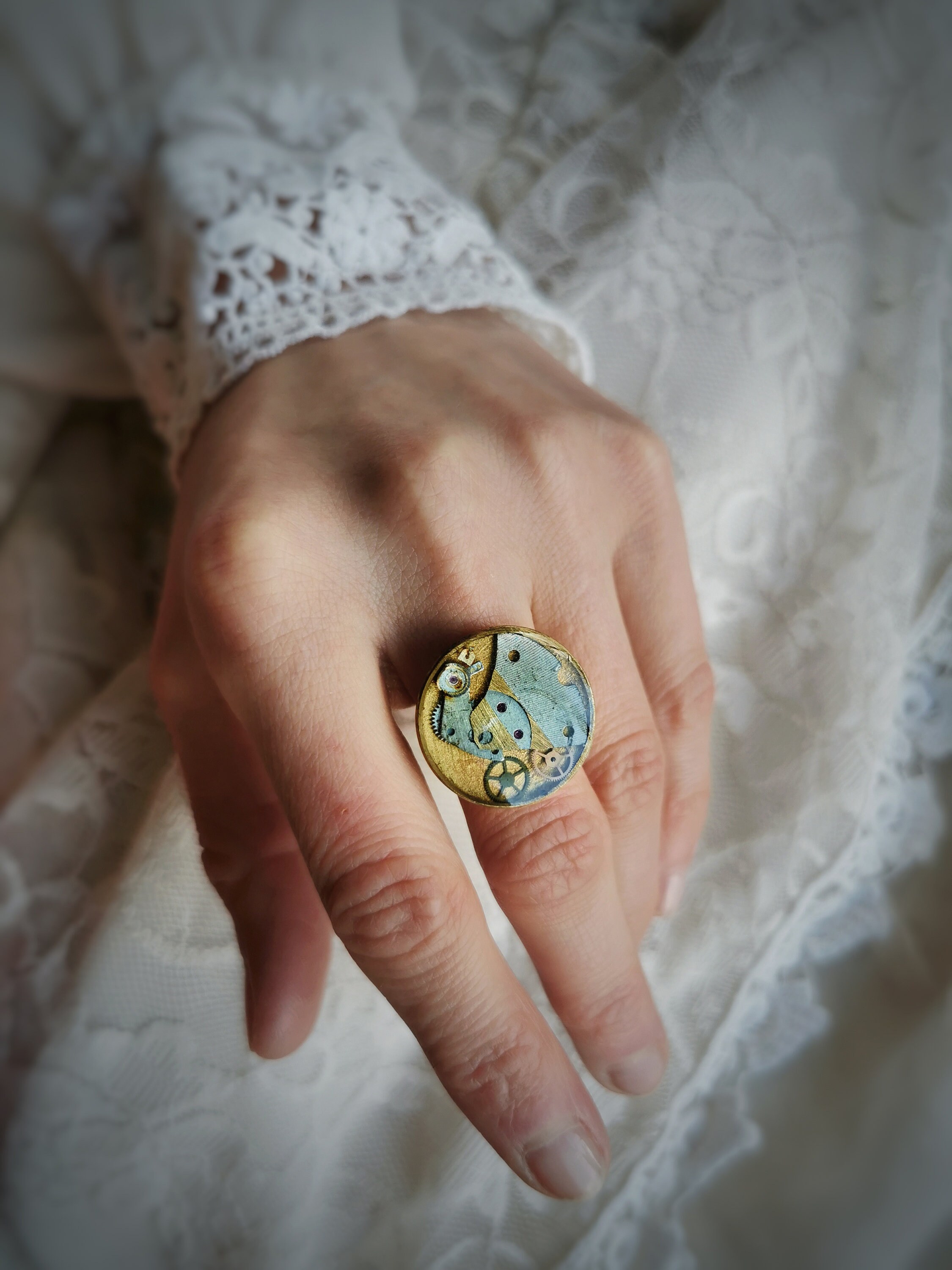 Steampunk Upcycled Ring, Recycled Watches Jewellery, Gold Handpainted ...