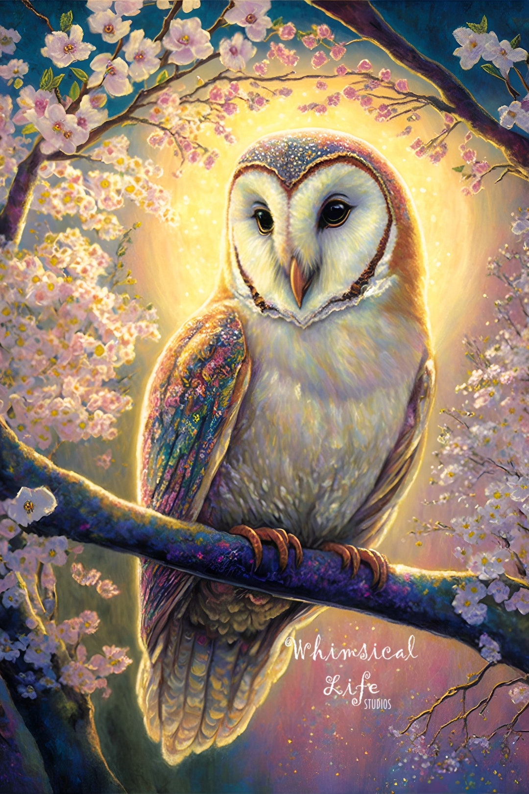 Cherry Blossom Moonlight Barn Owl 5x7 Altar Print, Whimsical Owl Art ...