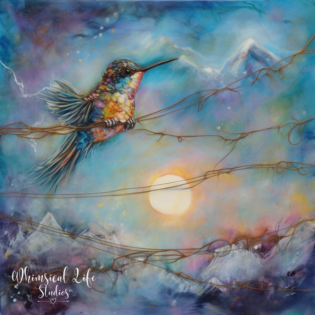 Miniature Hummingbird 5x5 Print, Ethereal Encaustic Series, Whimsical ...