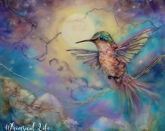 Miniature Hummingbird 5x5 Print, Ethereal Encaustic Series, Whimsical ...