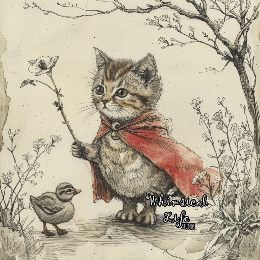 Cat & Duck Adventures Illustration PRINT 5x5 Miniature Print, Whimsical ...
