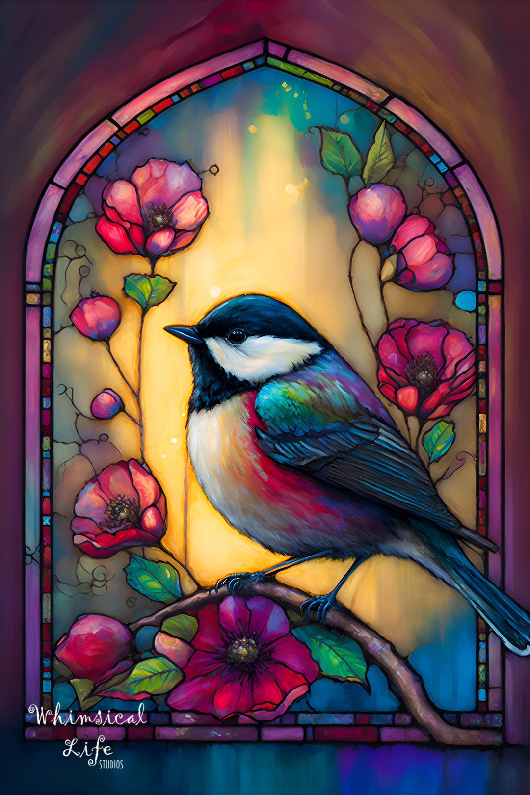 Chickadee Stained Glass Window Series 5x7 Miniature Print, Whimsical ...