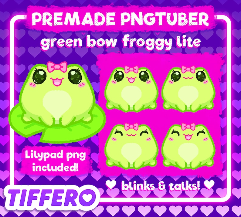 Kawaii Green Froggy Pink Bow Pngtuber Model (5 Pngs) (digital Download ...