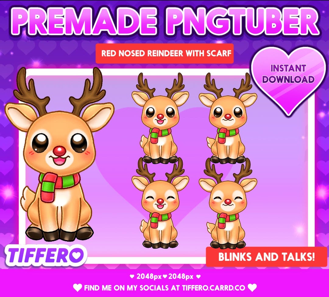 Premade Pngtuber Model Kawaii Red Nose Reindeer With Scarf Lite (4 Pngs ...