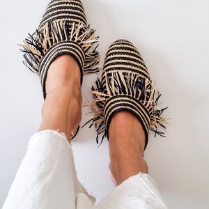 Handmade Raffia Slippers: Striped Moroccan Mules - Etsy