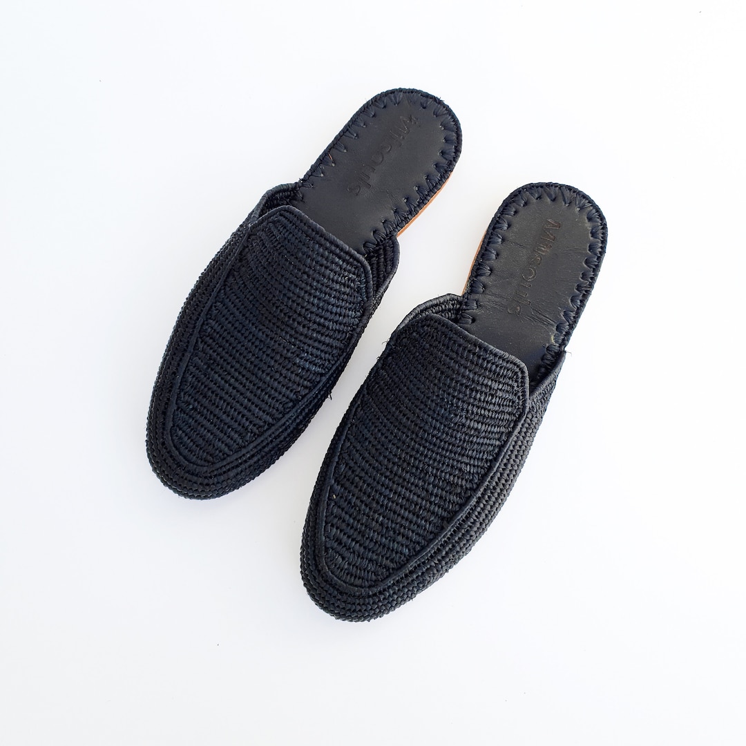 Handmade Raffia Slippers: Black Moroccan Mules - Etsy