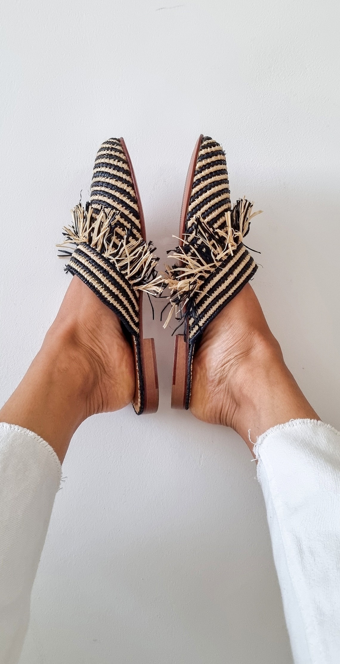 Handmade Raffia Slippers: Striped Moroccan Mules - Etsy