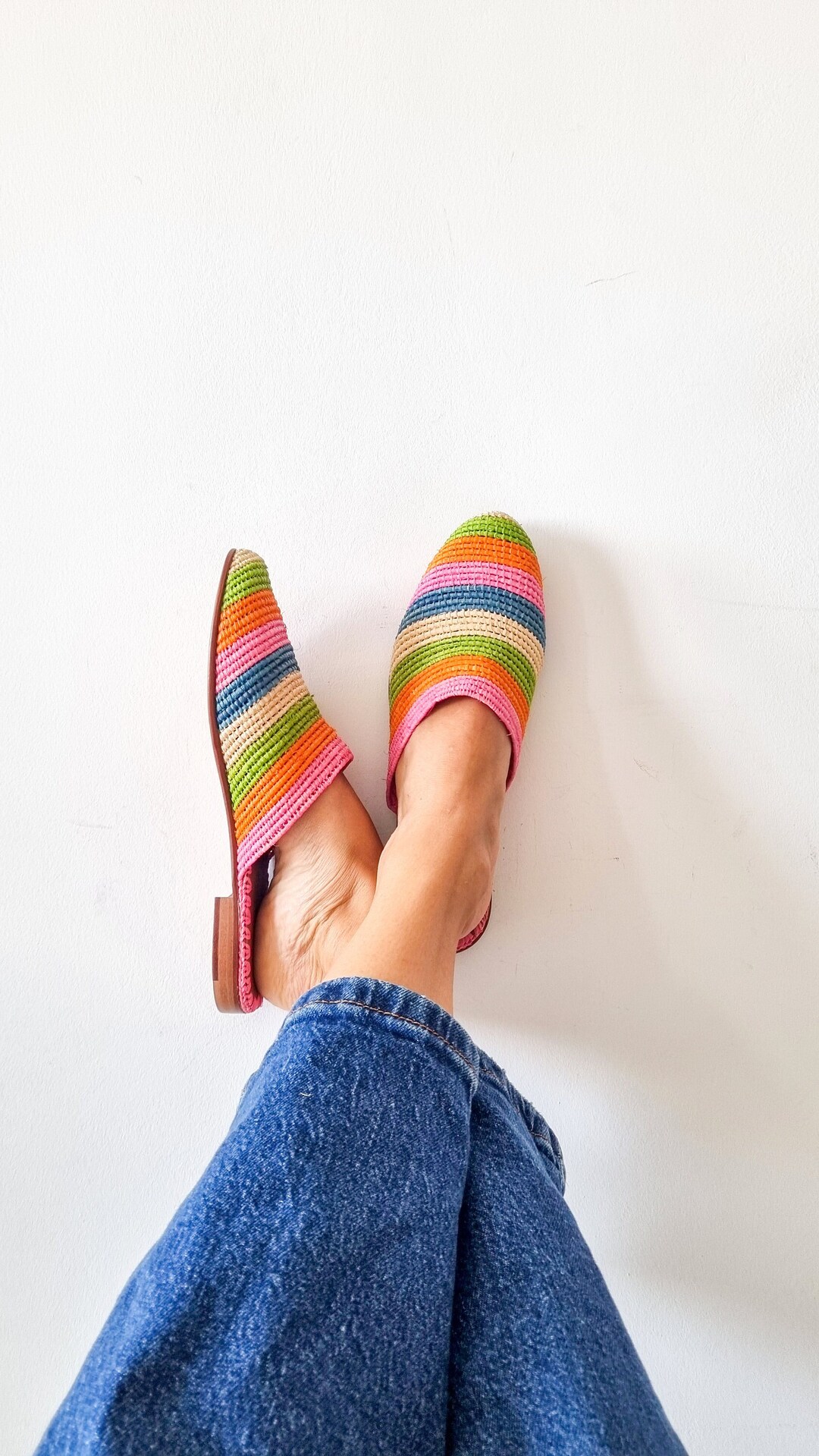 Raffia Shoes, Women Moroccan Babouch, Gift for Her, Rainbow Shoes ...