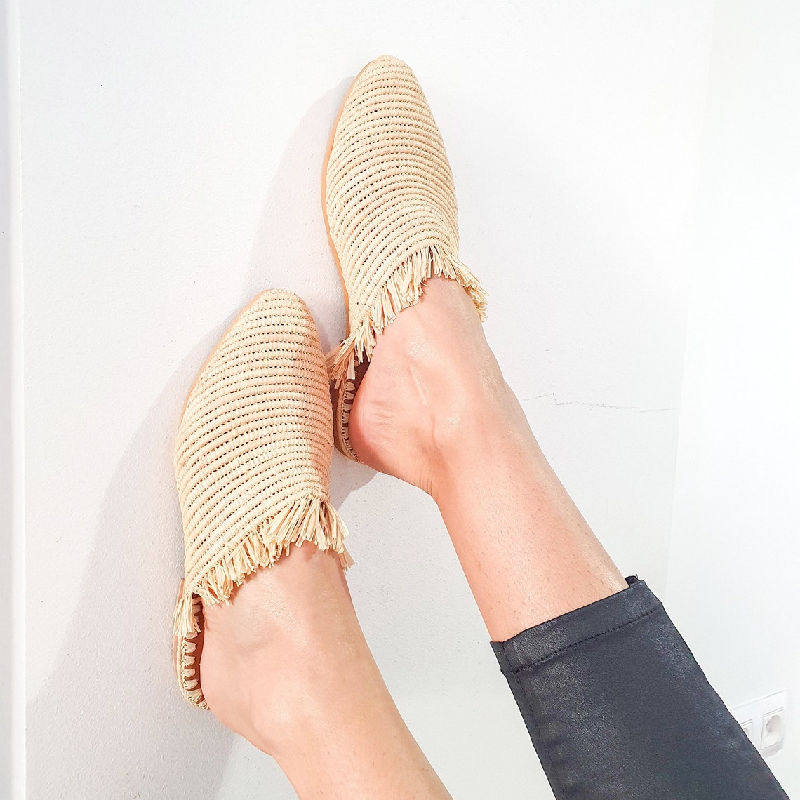 Raffia Shoes Handmade Slippers Summer Mules Moroccan Shoes Raphia Flats ...