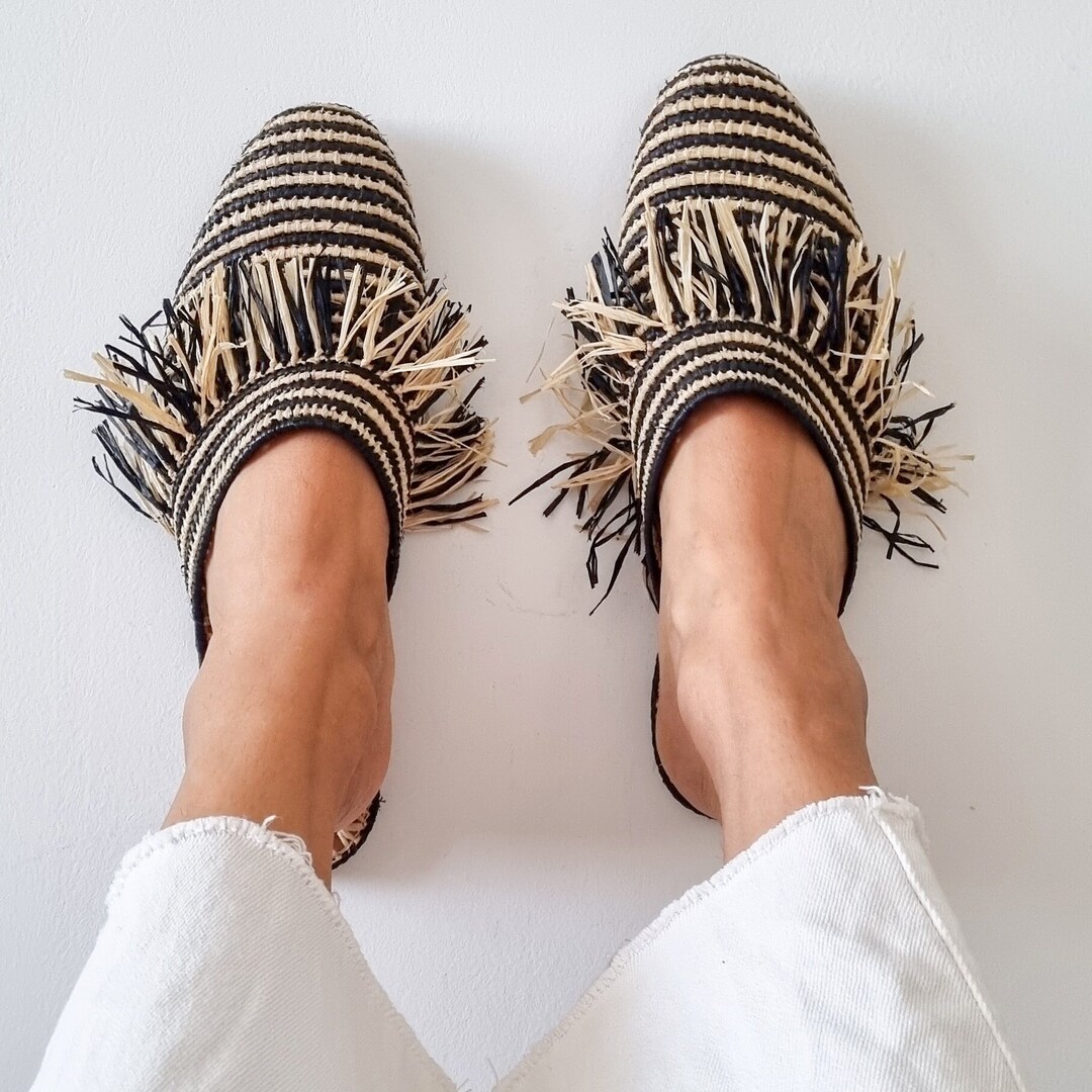 Handmade Raffia Slippers: Striped Moroccan Mules - Etsy