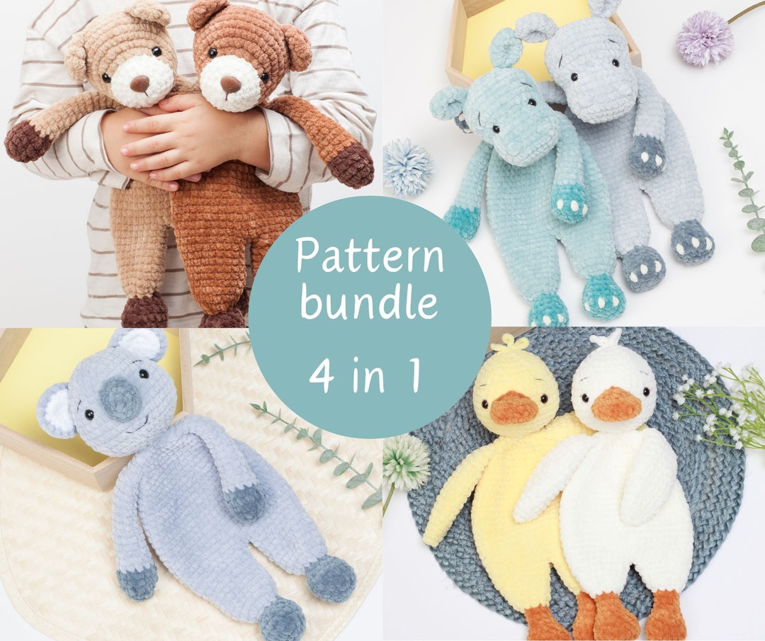 Crochet Snuggler Pattern Bundle: Bear, Duck, Hippo and Koala. Comforter ...