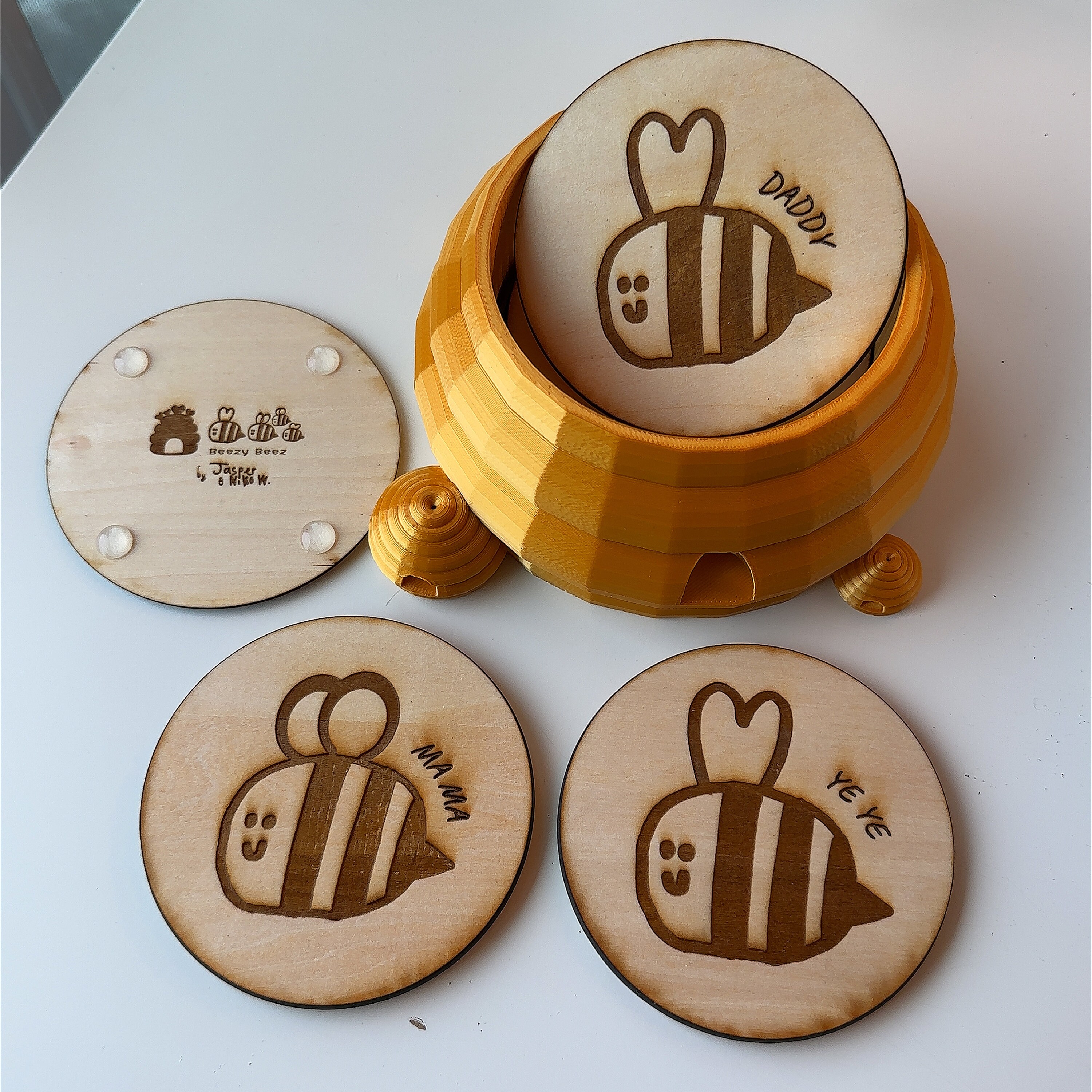 Beezy Beez Cup Coasters WOOD (set of 6) With 3D Printed Gold Bee Hive ...