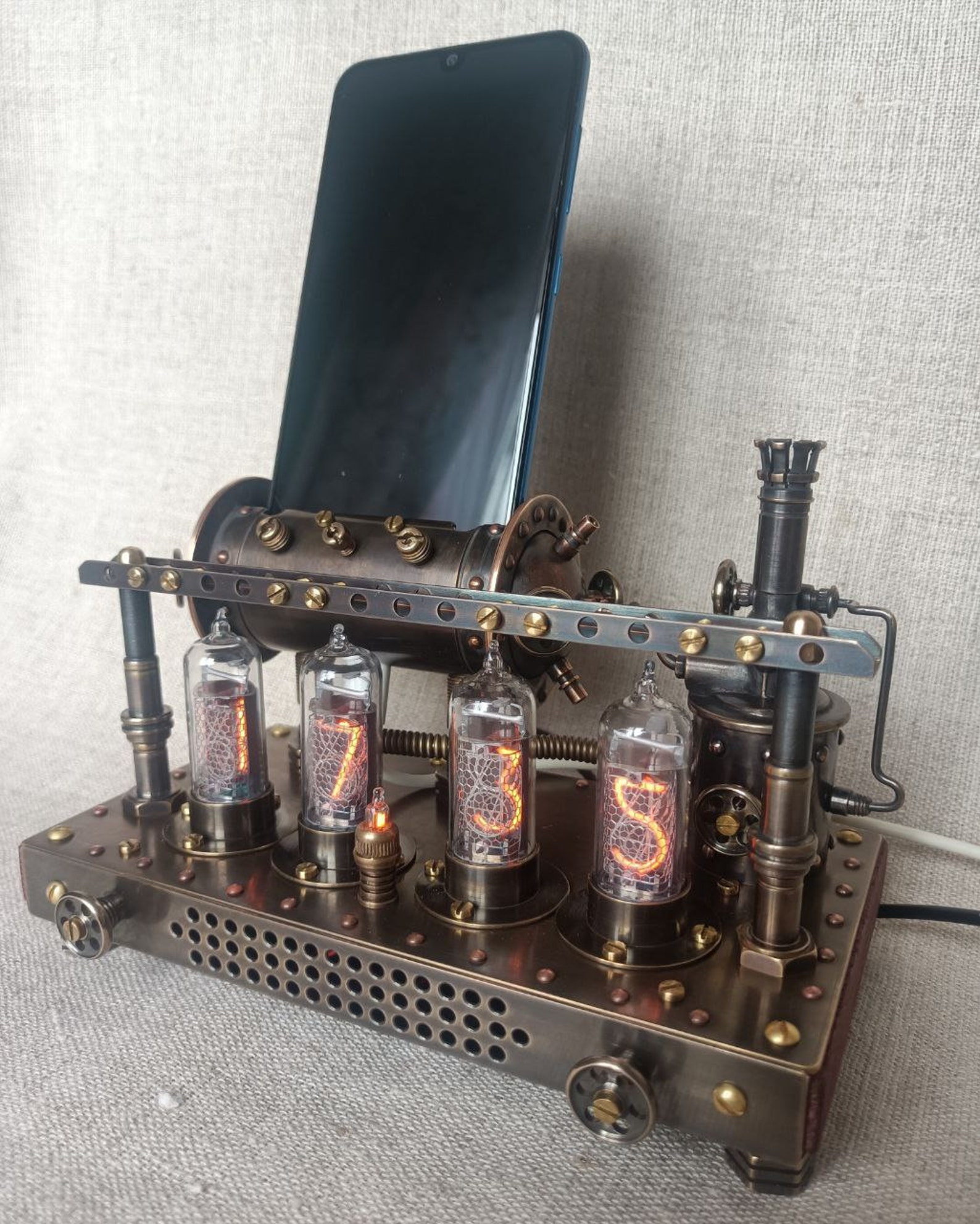 Nixie Desk Clock With a Phone Stand "time Compressor", Steampunk ...