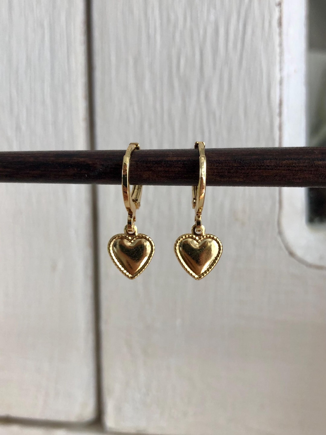 Mini 24k Gold-plated Hoop Earrings With a Heart Pendant, Small Gold ...