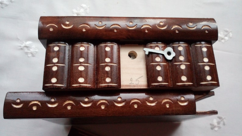 Big Wooden Magic Jewelry Puzzle Box Brown Flower Handcarved Hidden Key ...