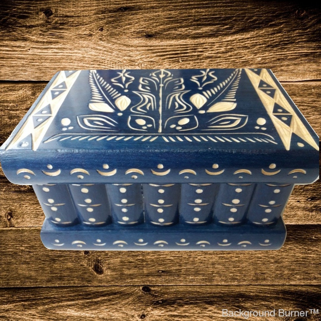 Big Wooden Magic Jewelry Puzzle Box Blue Hidden Key Secret Opening ...