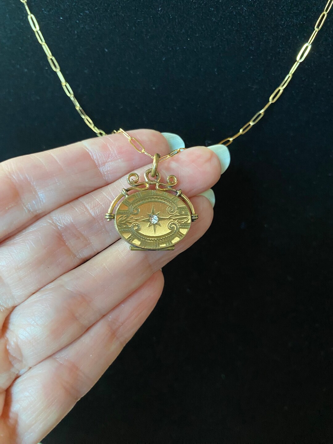 Etched Gold-filled "cq&r" Fob Locket Necklace With Paste Stone Star and ...