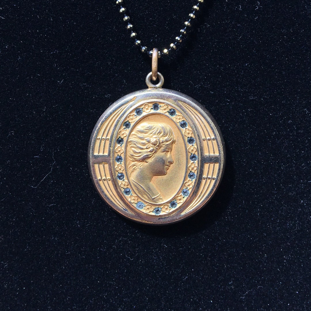 Elegant Art Deco Woman in Profile Gold Filled Locket With Ring of Dark ...