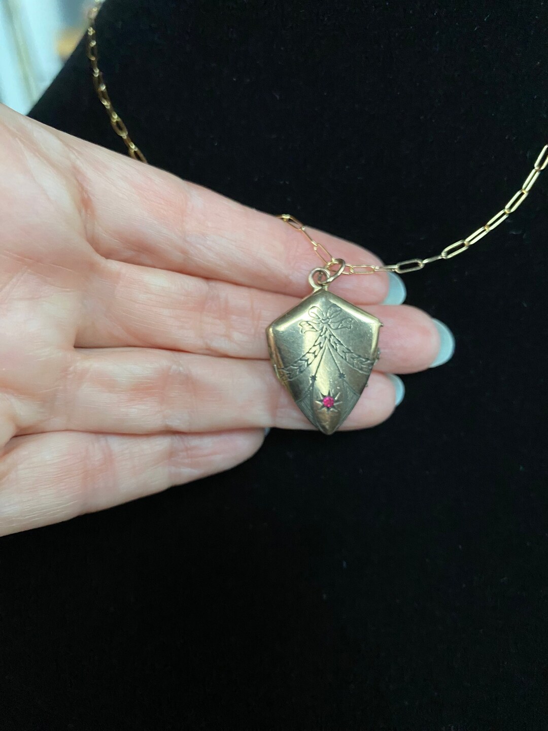 Antique Locket: Gold-filled Shield-shaped Locket Necklace With Red ...