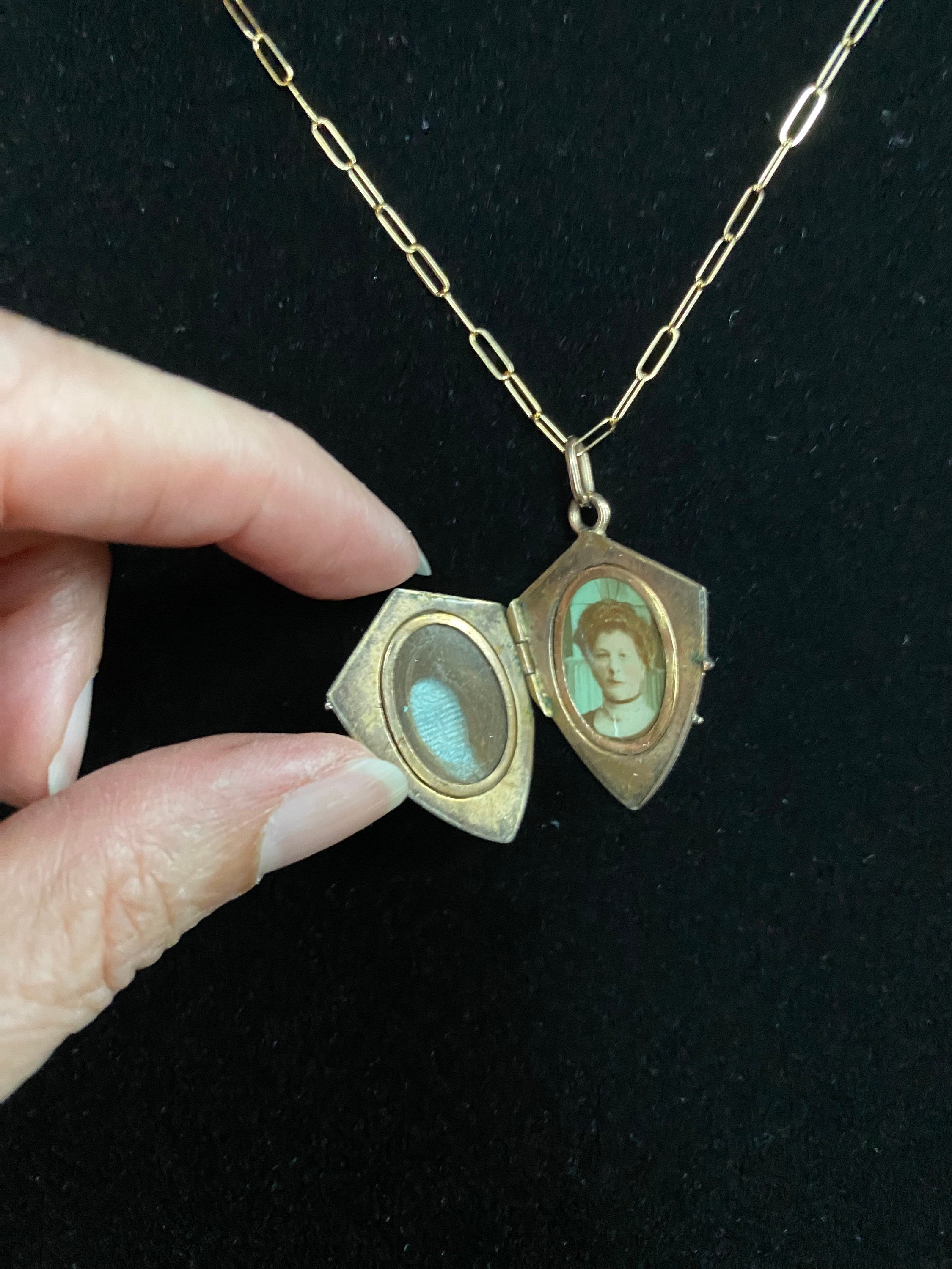Antique Locket: Gold-filled Shield-shaped Locket Necklace With Red ...
