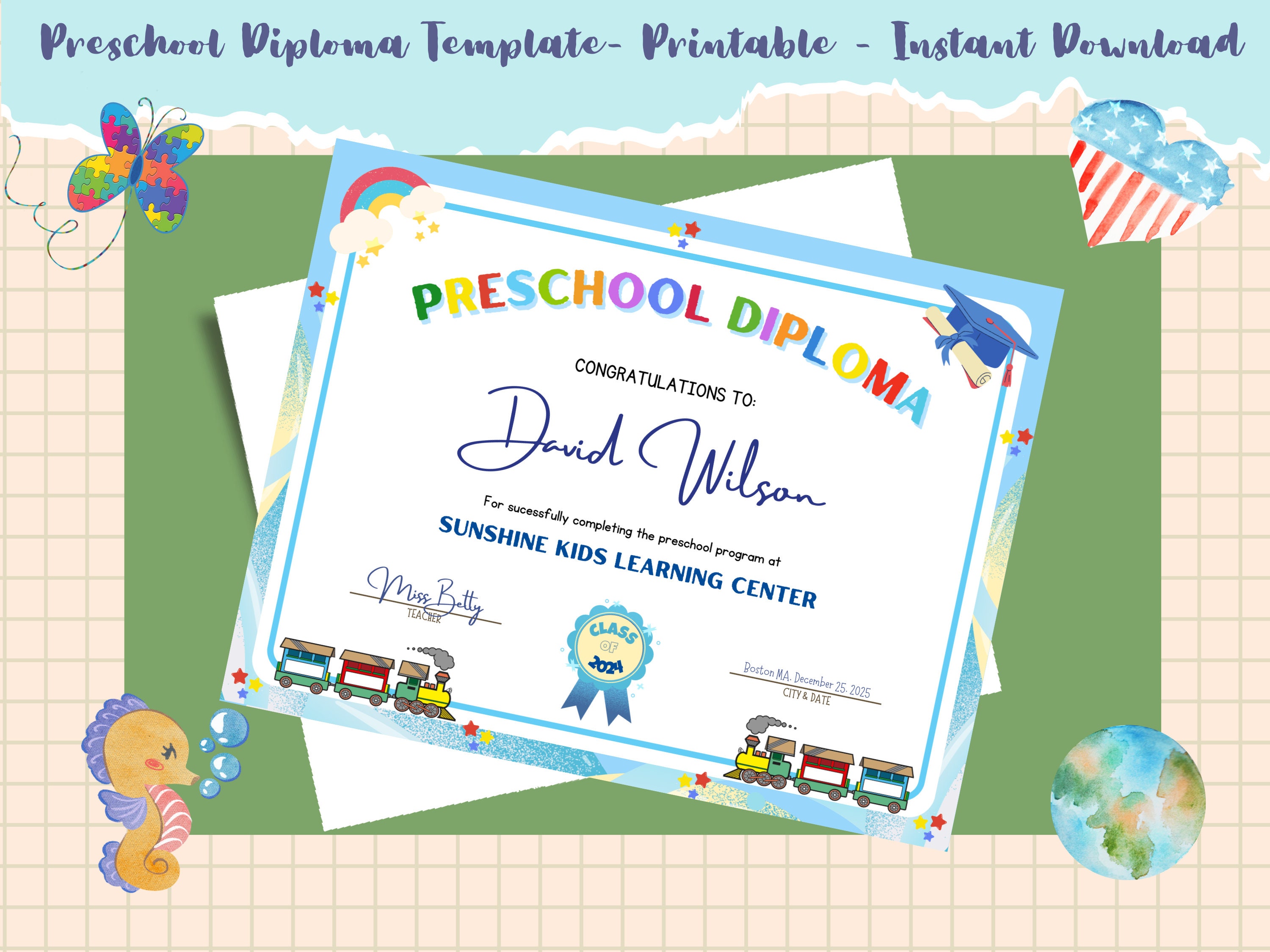 Editable Preschool Diploma Template Printable Instant Download - Etsy