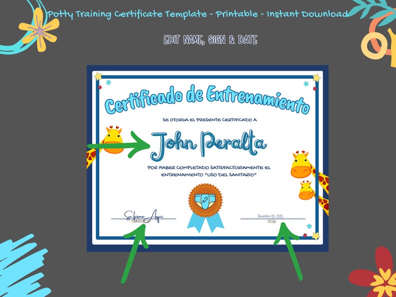 English Spanish Potty Training Certificate School Educational Award ...