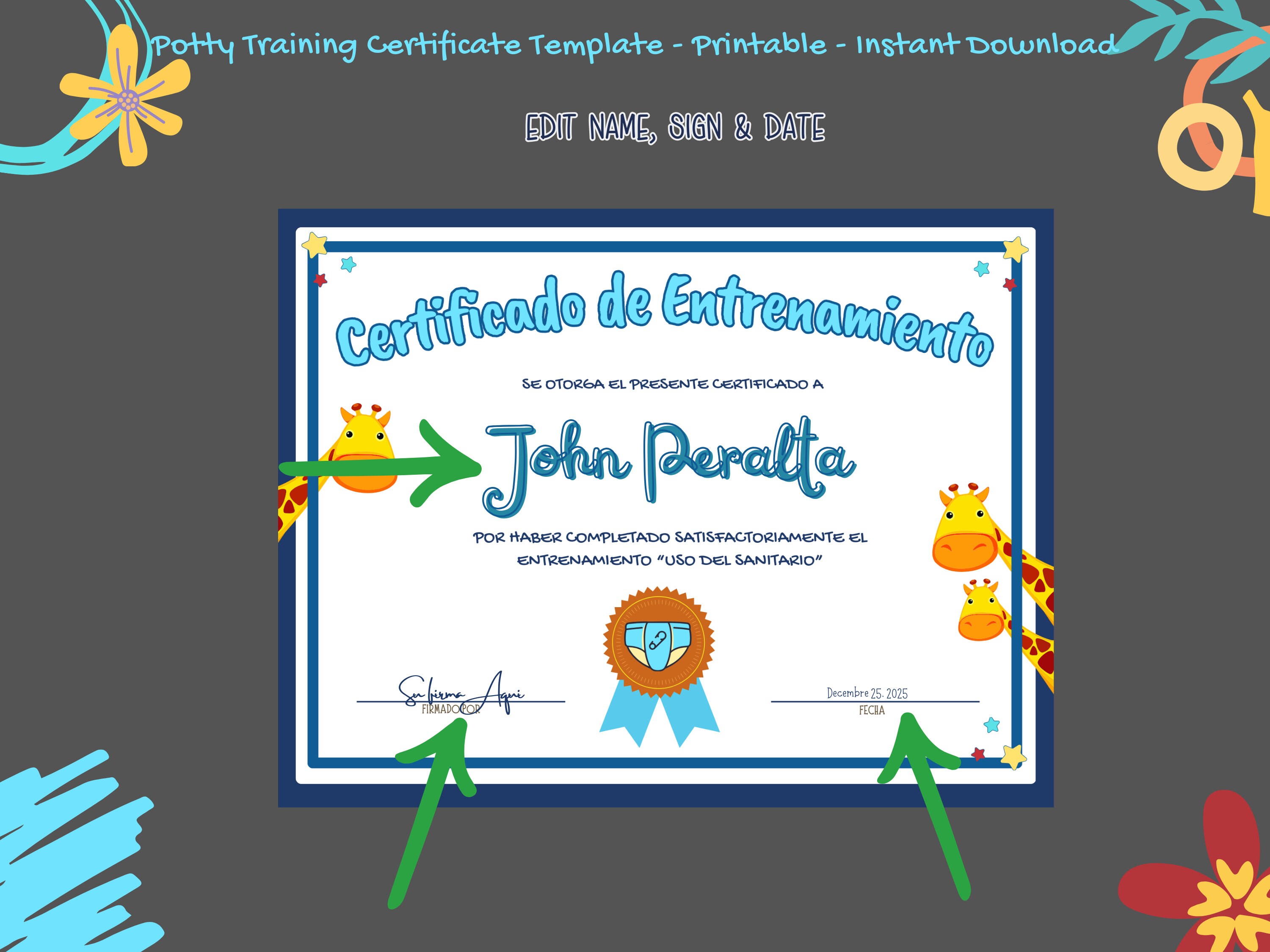 English Spanish Potty Training Certificate School Educational Award ...