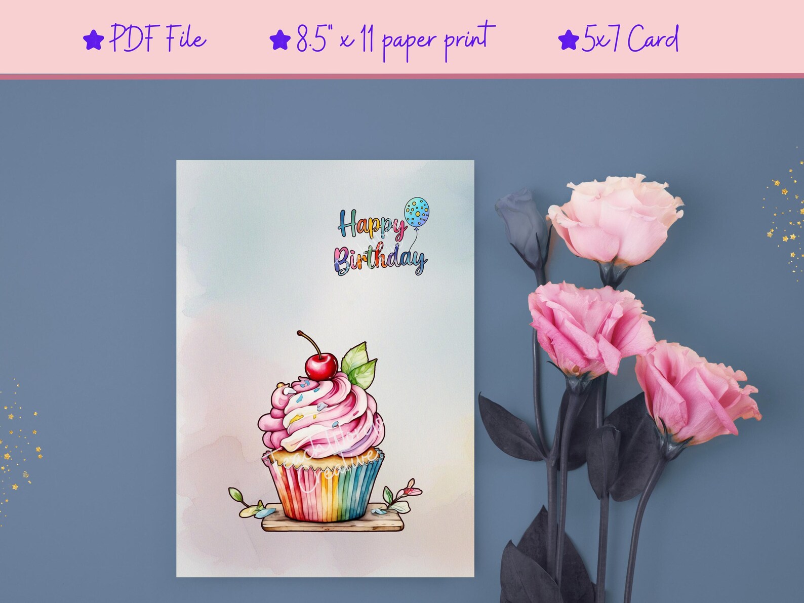 Happy Birthday Card - Instant Download - DIY Printable Card - Cupcake ...
