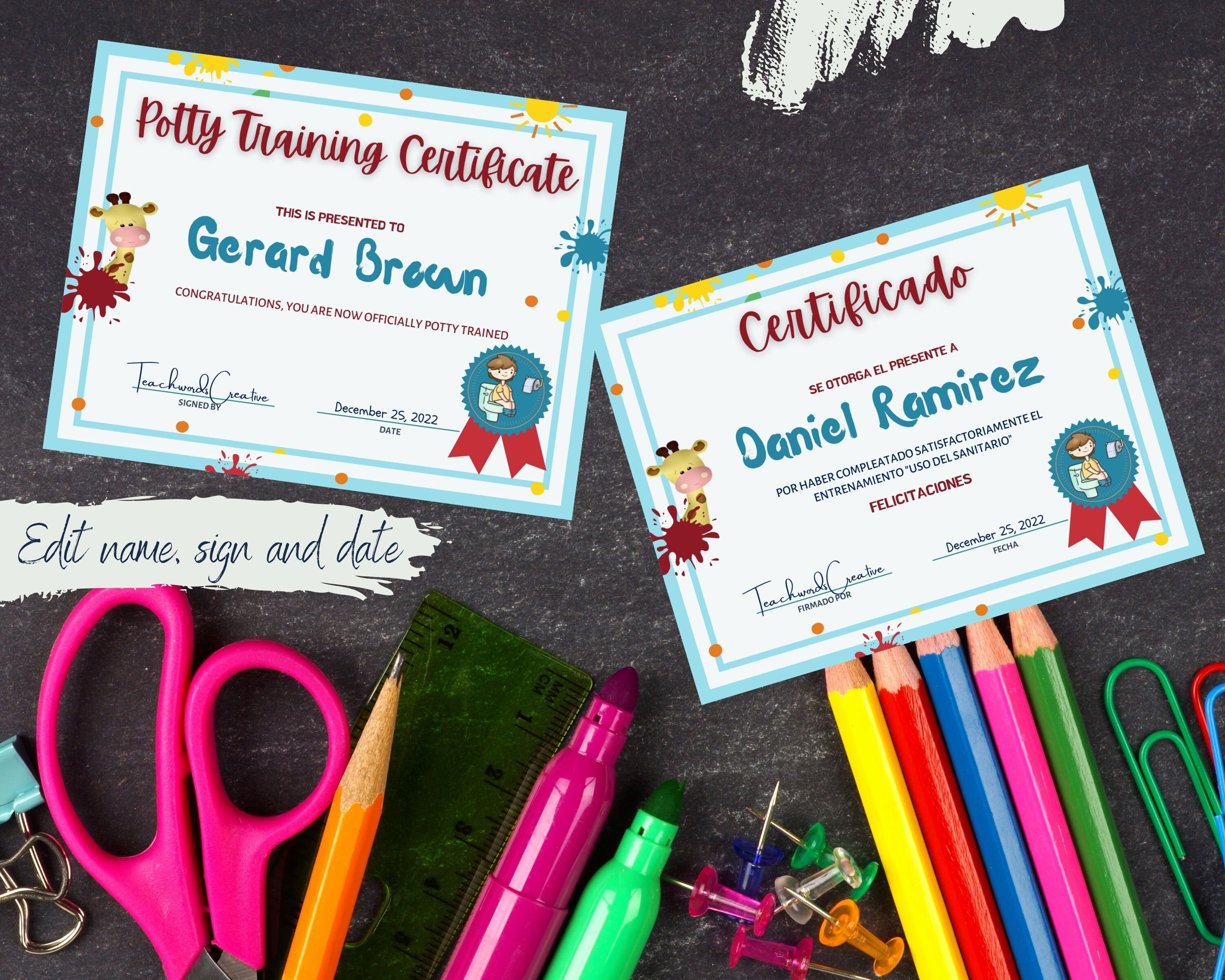 English Spanish Potty Training Certificate School Educational Award ...