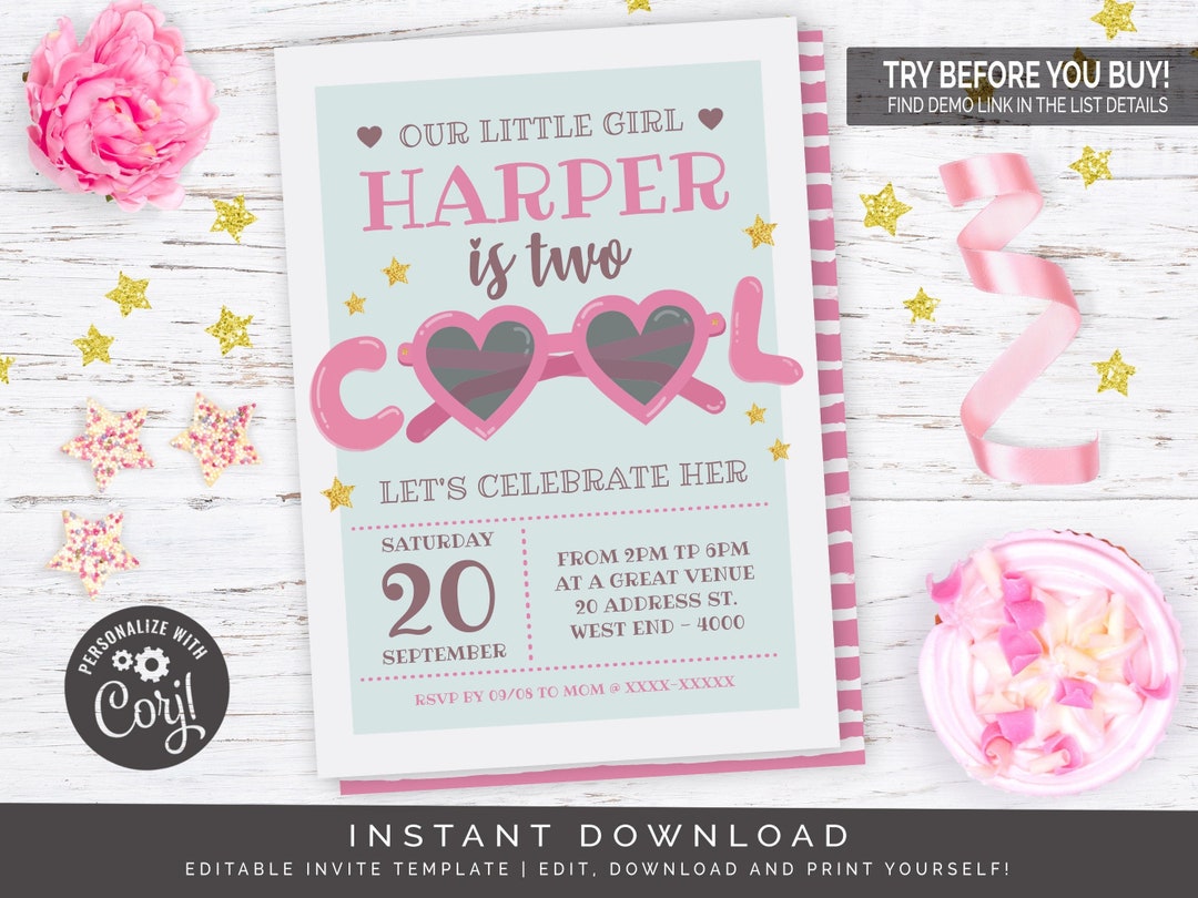 Two Cool Girl's Second Birthday Invitation | Editable Digital File - Etsy