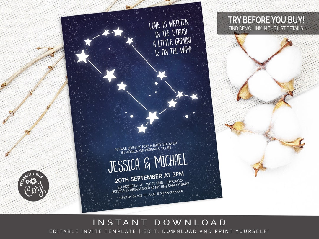 Gemini Astrology Baby Shower Invitation | Editable Digital File - Etsy