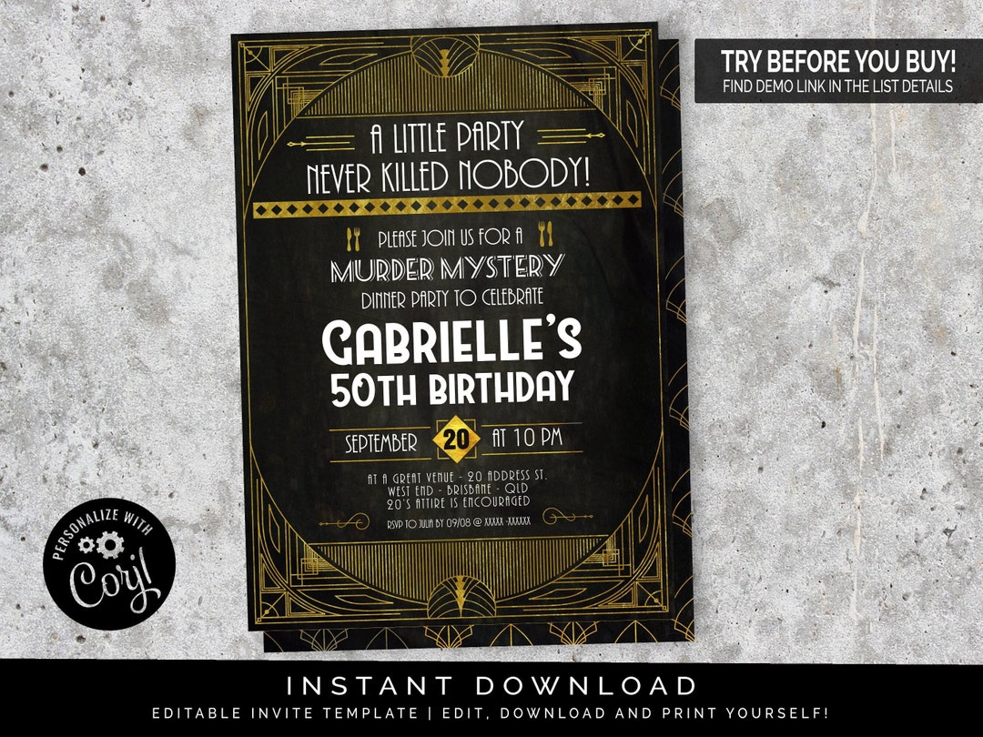 Murder Mystery Birthday Dinner Party Invitation | Editable Digital File ...
