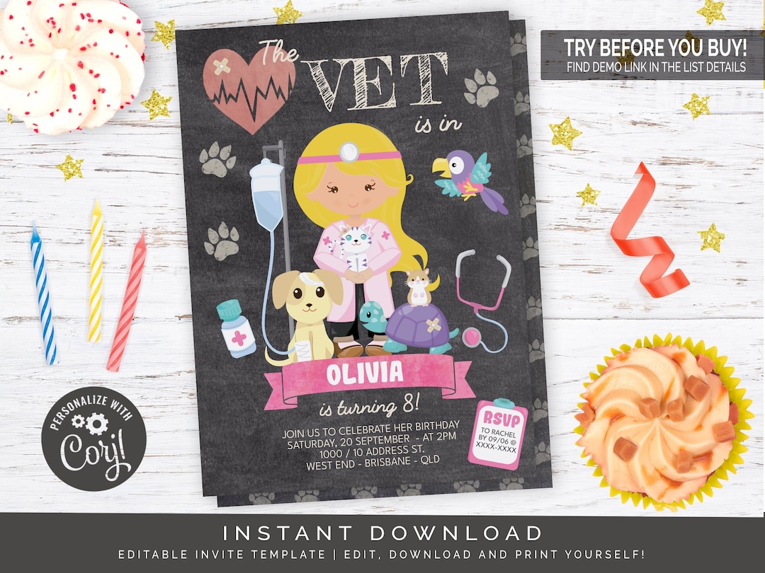 Girl Vet Birthday Chalkboard Invitation | Editable Digital File - Etsy