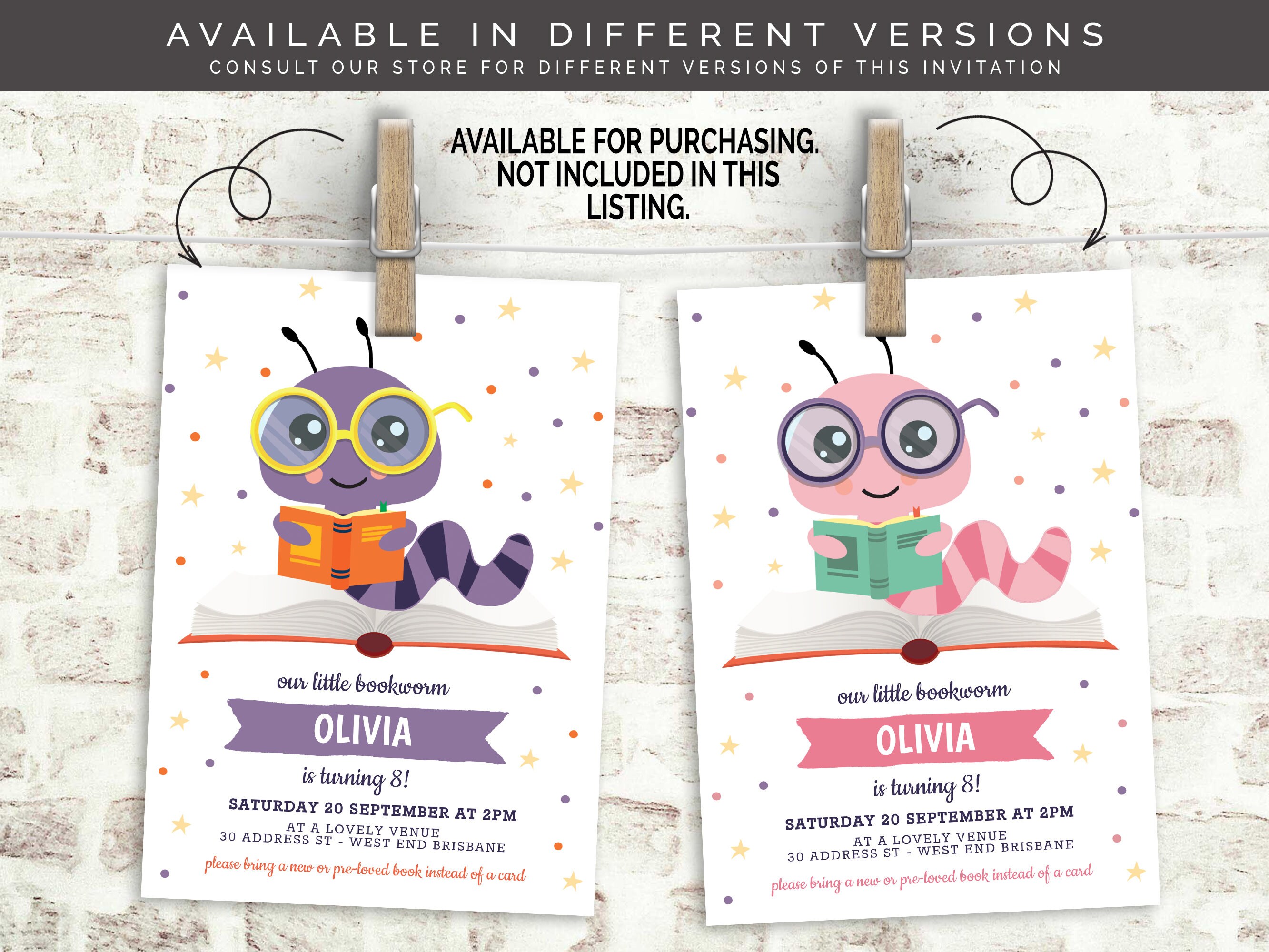 Blue Bookworm Birthday Party Invitation | Editable Digital File - Etsy