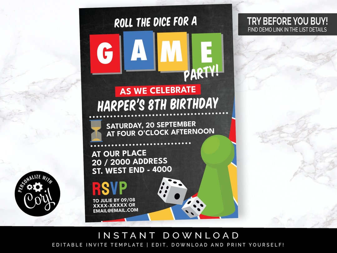 Board Game Party Invitation | Editable Digital File - Etsy