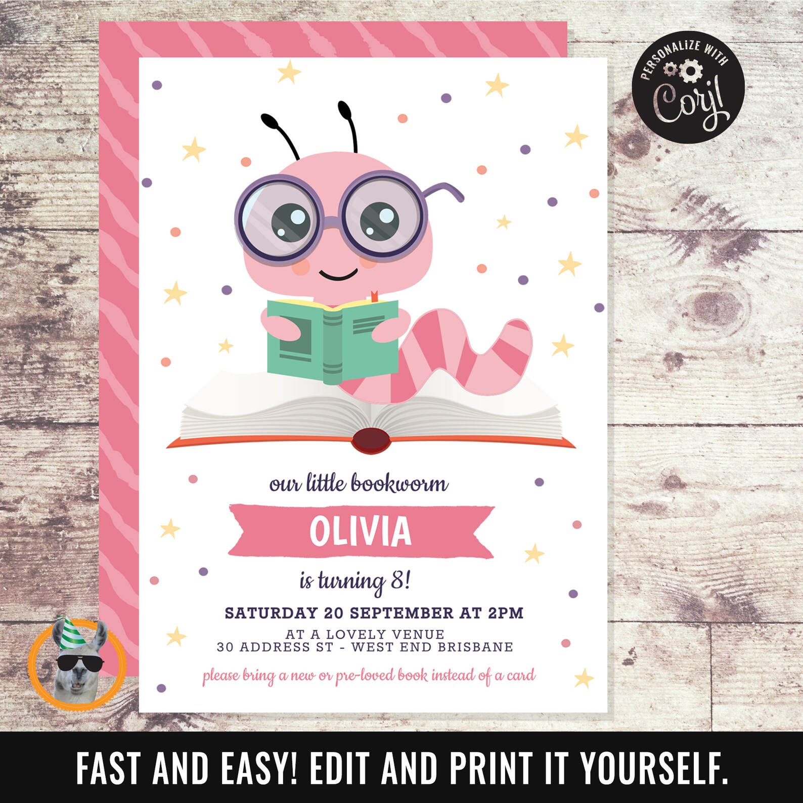 Pink Bookworm Birthday Party Invitation Editable Digital | Etsy